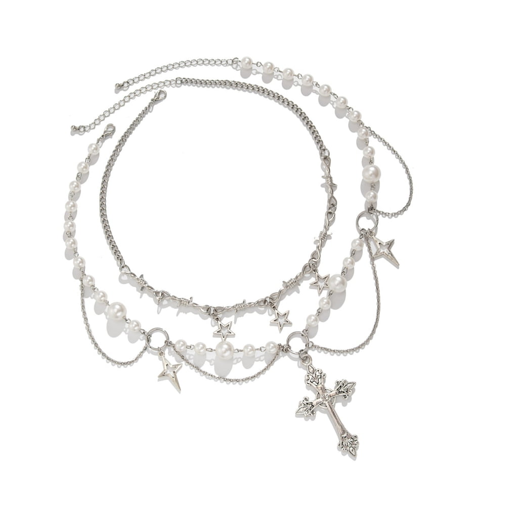 2Pcs Versatile Crosses Pearls Necklace Stylish Crosses Pearls Necklaces ...