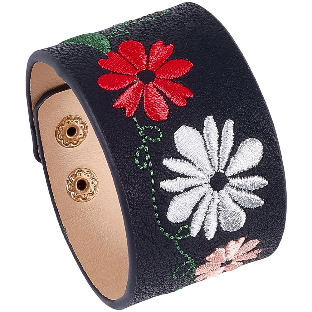 2Pcs Vintage Embroidery Floral Leather Bracelets Snap Punk Cuff ...