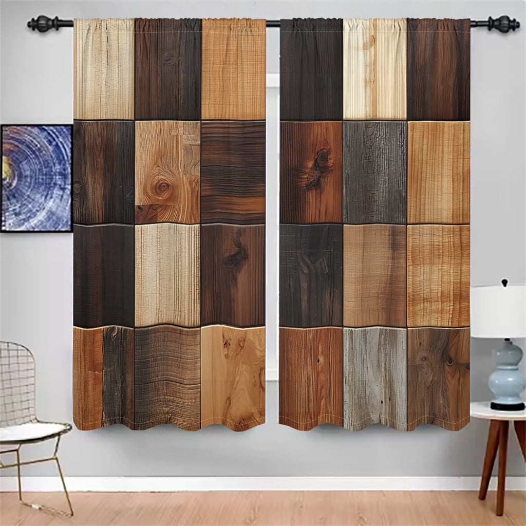 2Pcs Vintage Wood Grain Curtains 3D Print Patchwork Pattern Living Room ...