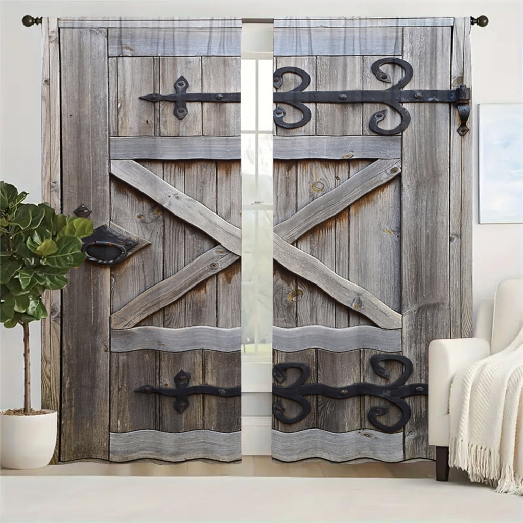 2Pcs Vintage Wooden Door Curtains 3D Print Farmhouse Style Living Room ...