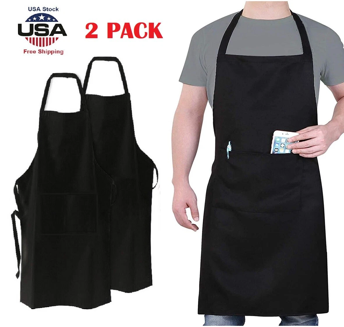 2Pcs Waterproof Chef Apron Black Catering Cooking Kitchen Butcher W/ 2 ...