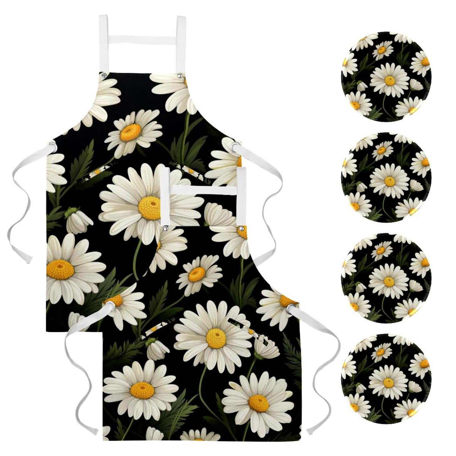 2Pcs White Art Daisy Versatile Aprons Set - Kitchen, Baking,Cooking ...
