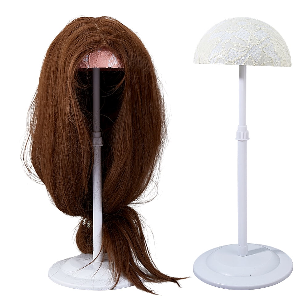 2Pcs White&Pink Wig Stand with Lace Cloth Portable Wig Holder Stands ...