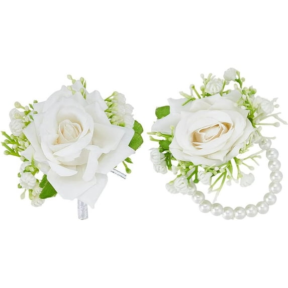 2Pcs White Rose Corsage and Boutonniere Set Pearl Wristband Bracelet ...