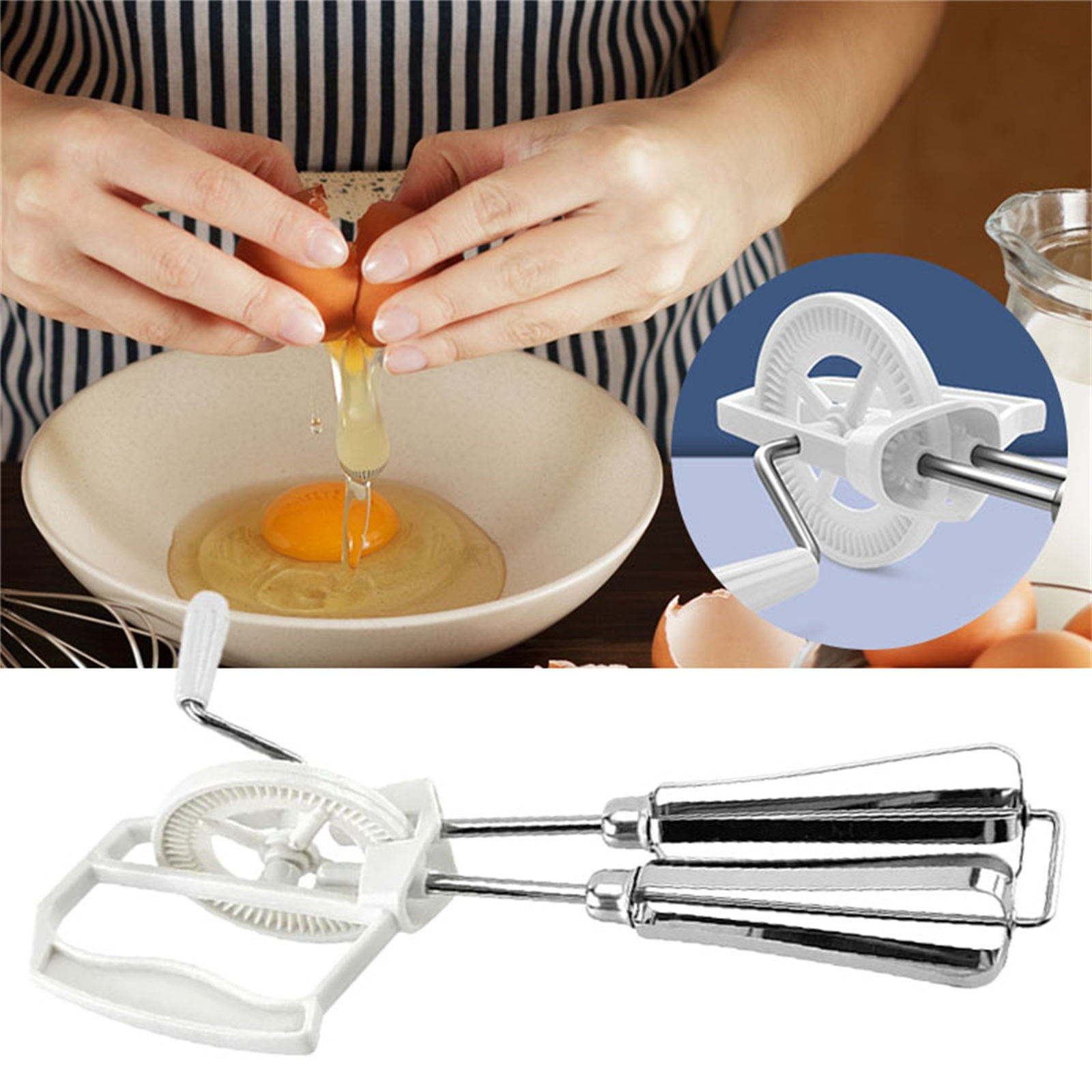 2Pcs White Stainless Steel 430 Hand Crank Double Rotating Manual Egg ...