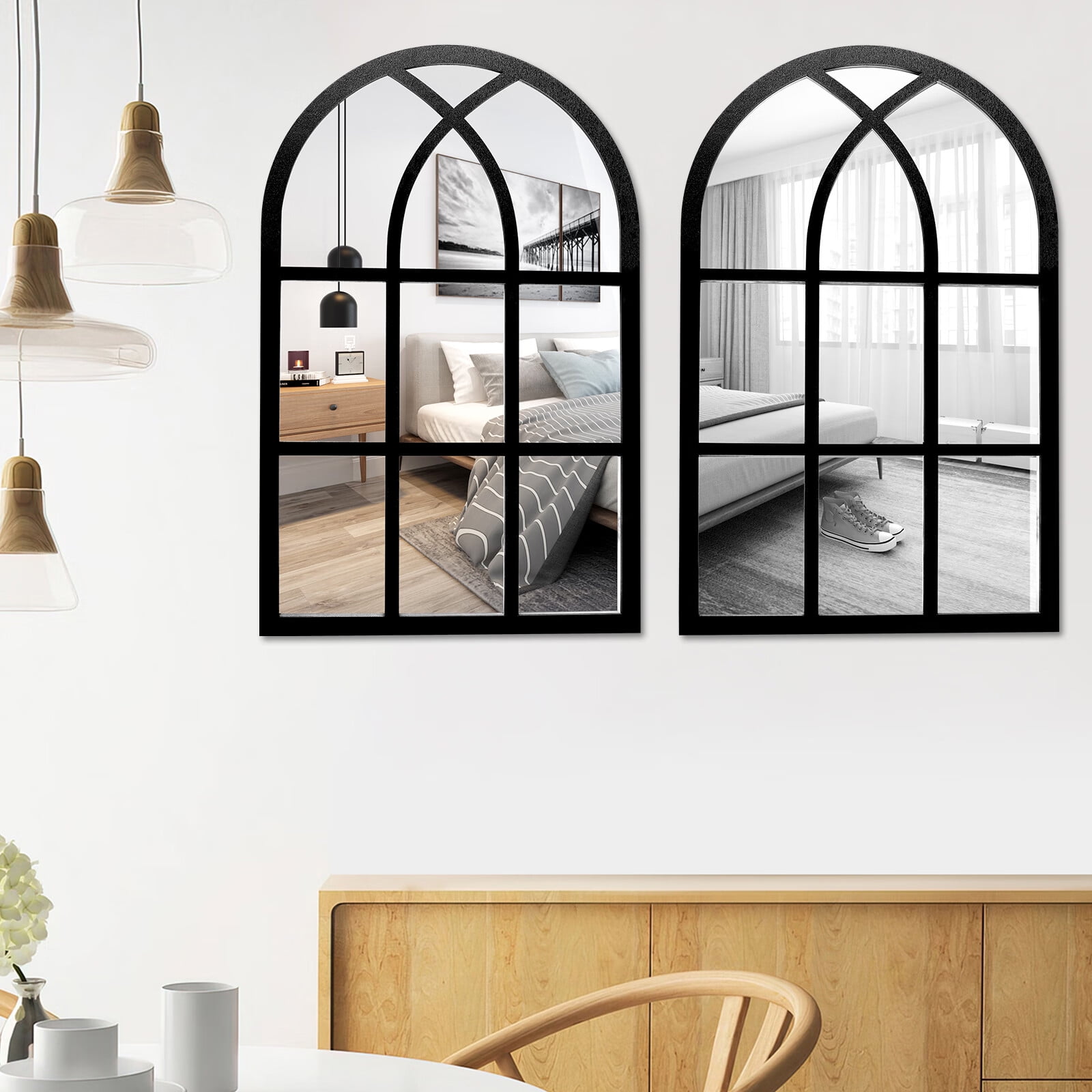 2Pcs Window Wall Mirror for Wall Decor Vintage Rustic Arched Wall ...