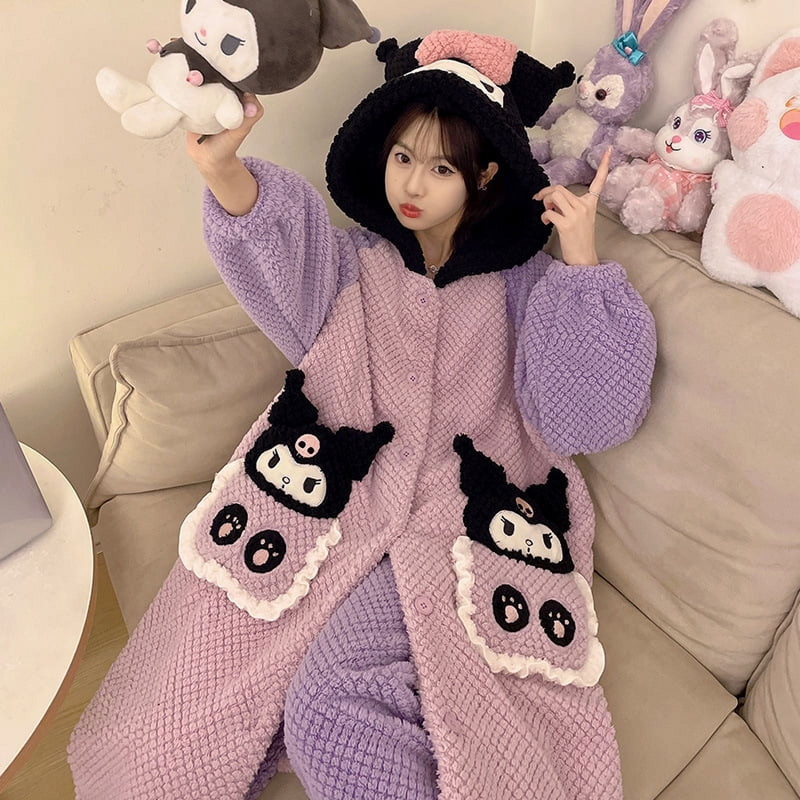 2Pcs Winter Kawaii Sanrio Hello Kitty Hooded Women's Pajamas ...