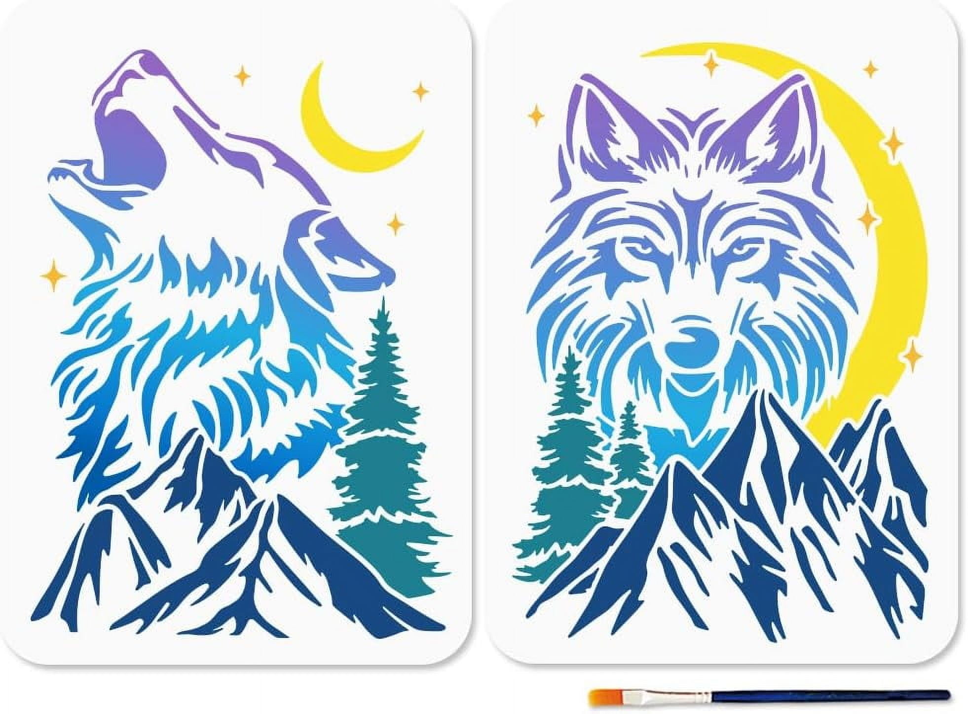 2Pcs Wolf Landscape Stencils Wolf Moon Tree Stencils 11.7×8.3inch ...