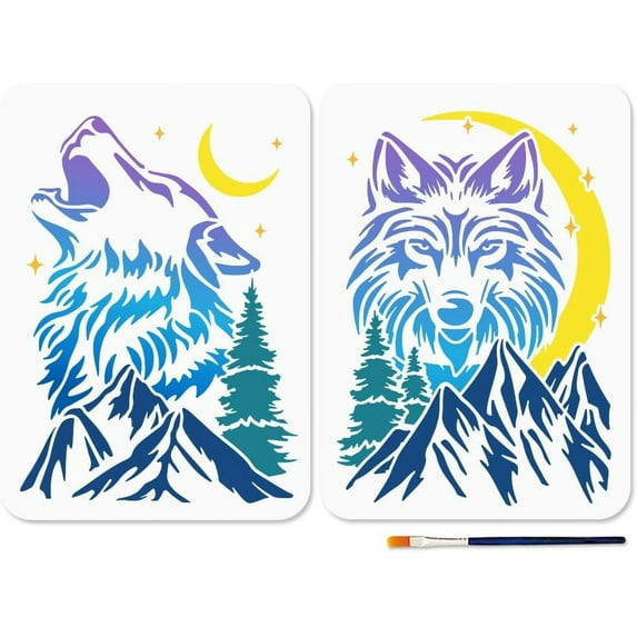 2Pcs Wolf Landscape Stencils Wolf Moon Tree Stencils 11.7×8.3inch Howling Wolf Template Reusable ...