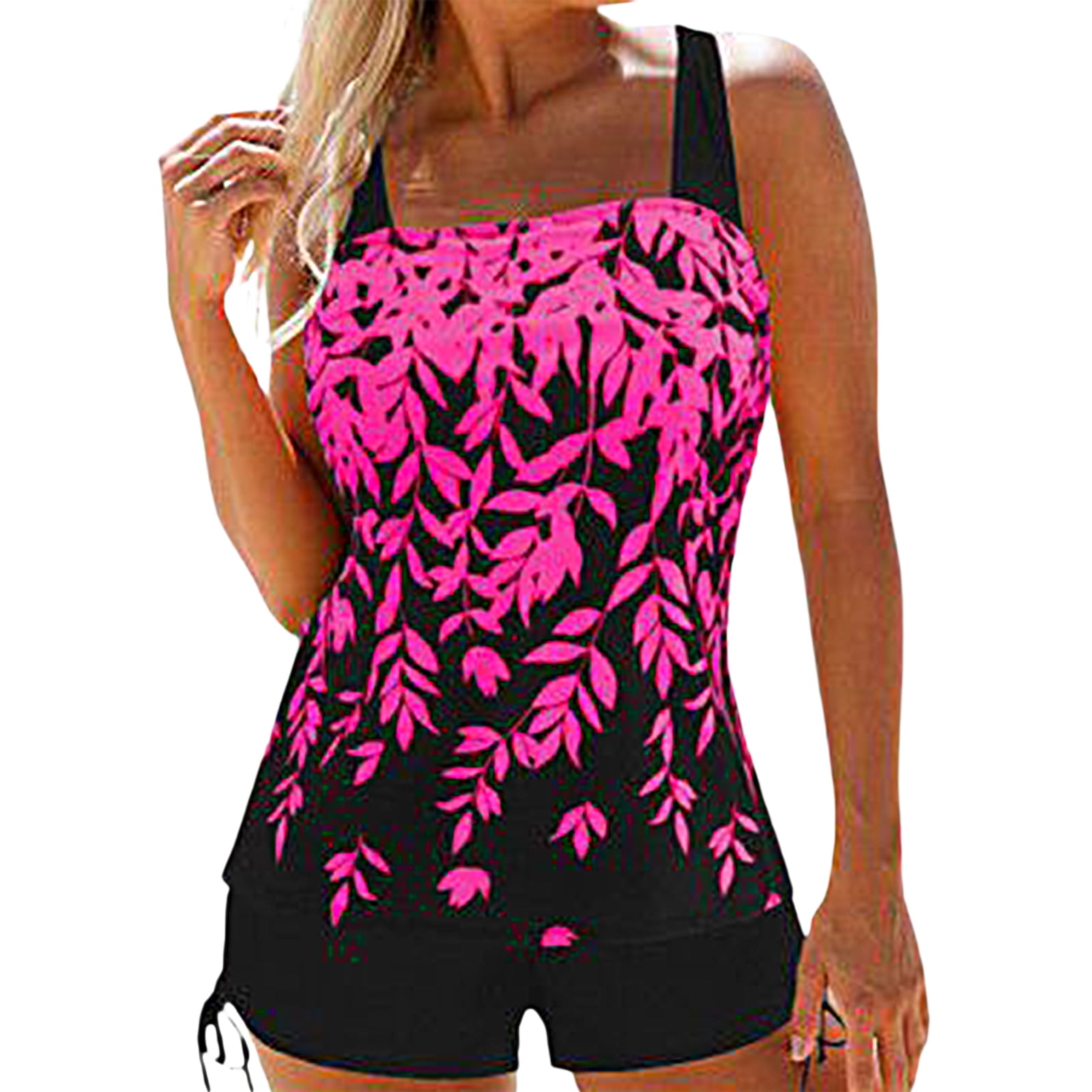 2Pcs Women Summer Swimwear, Leaf Print Padded Tank Tops + Solid Color ...
