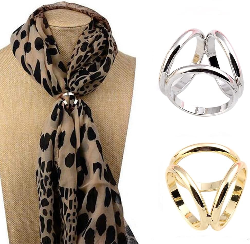 2Pcs Women Three Rings Silk Scarves Clip Fashion Scarves Buckle Scarf ...