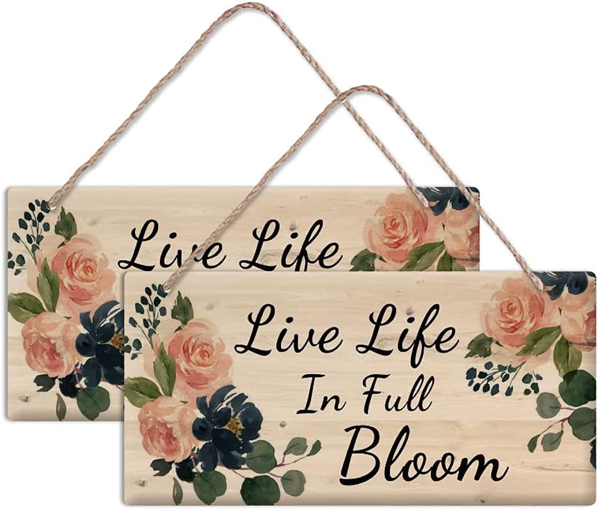 2Pcs Wood Door Hanging Sign Plaque Live Life in Full Bloom Flower ...