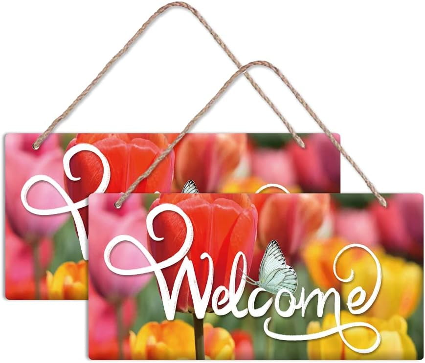 2Pcs Wood Door Hanging Sign Plaque Welcome Sign Rectangle Front Door ...