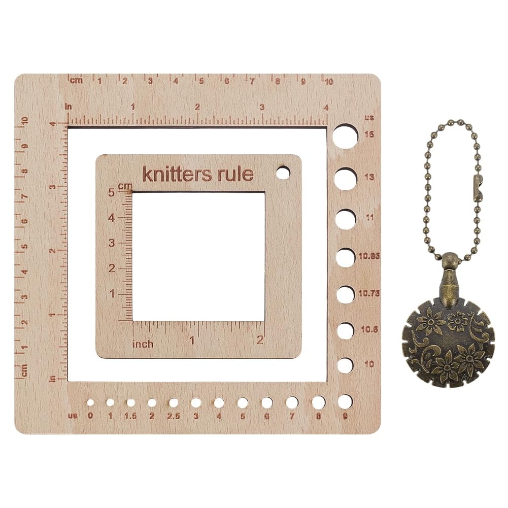 2Pcs Wood Knitting Gauge with Yarn Cutter Square Knitting Needle Gauge ...