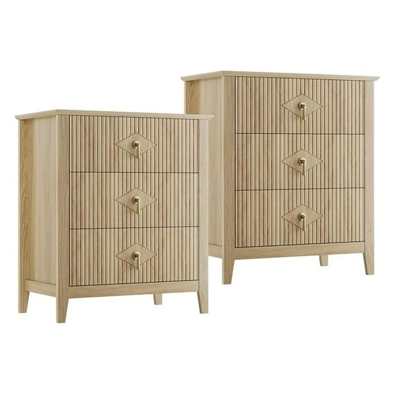 2Pcs Wood Nightstand Fluted Dresser for Bedroom, 27.5" Wide 3-Drawer ...