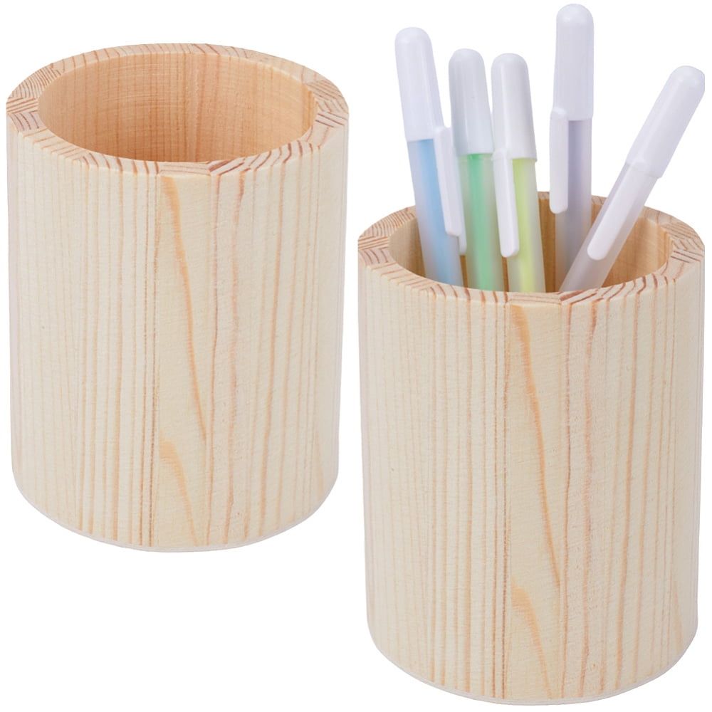2Pcs Wooden Pen Holder Round Pen Pot Wood Desk Pen Display Stand Makeup ...