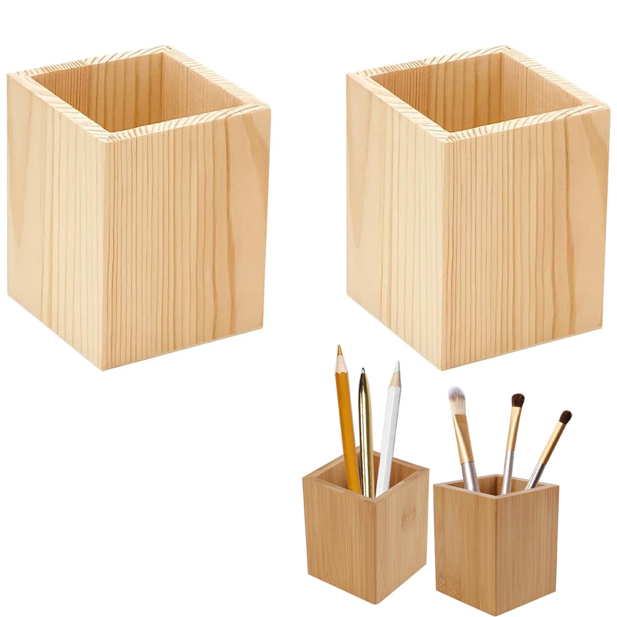 2Pcs Wooden Pen Holder,Tutuviw Unpainted Pen Pot,Square Wood Desk Pen ...