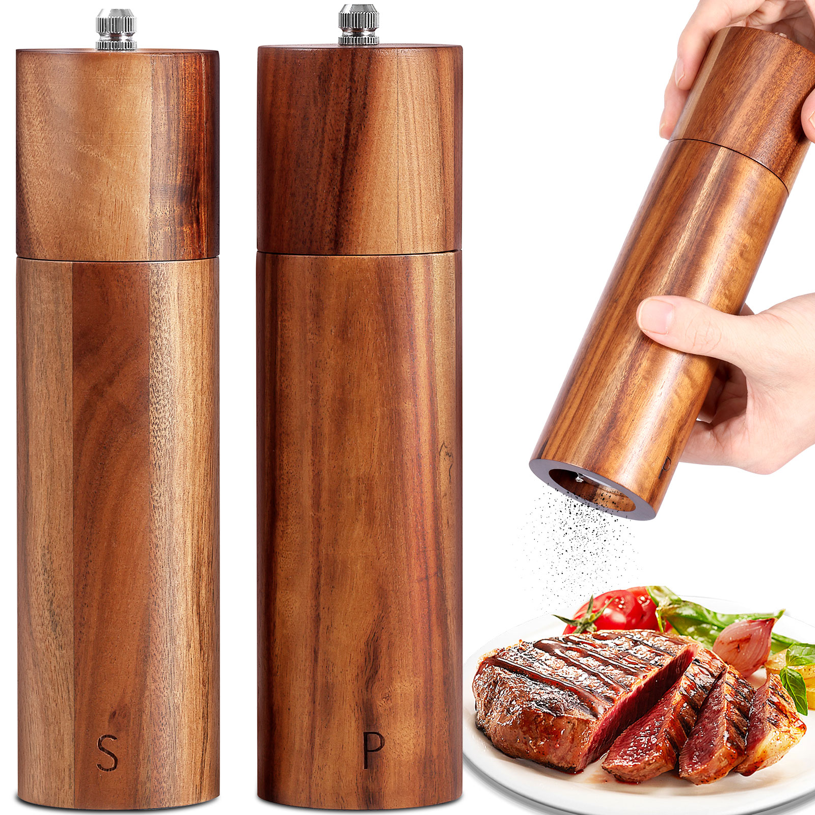 2Pcs Wooden Salt Mill Shaker Ergonomic Adjustable Coarseness Manual ...