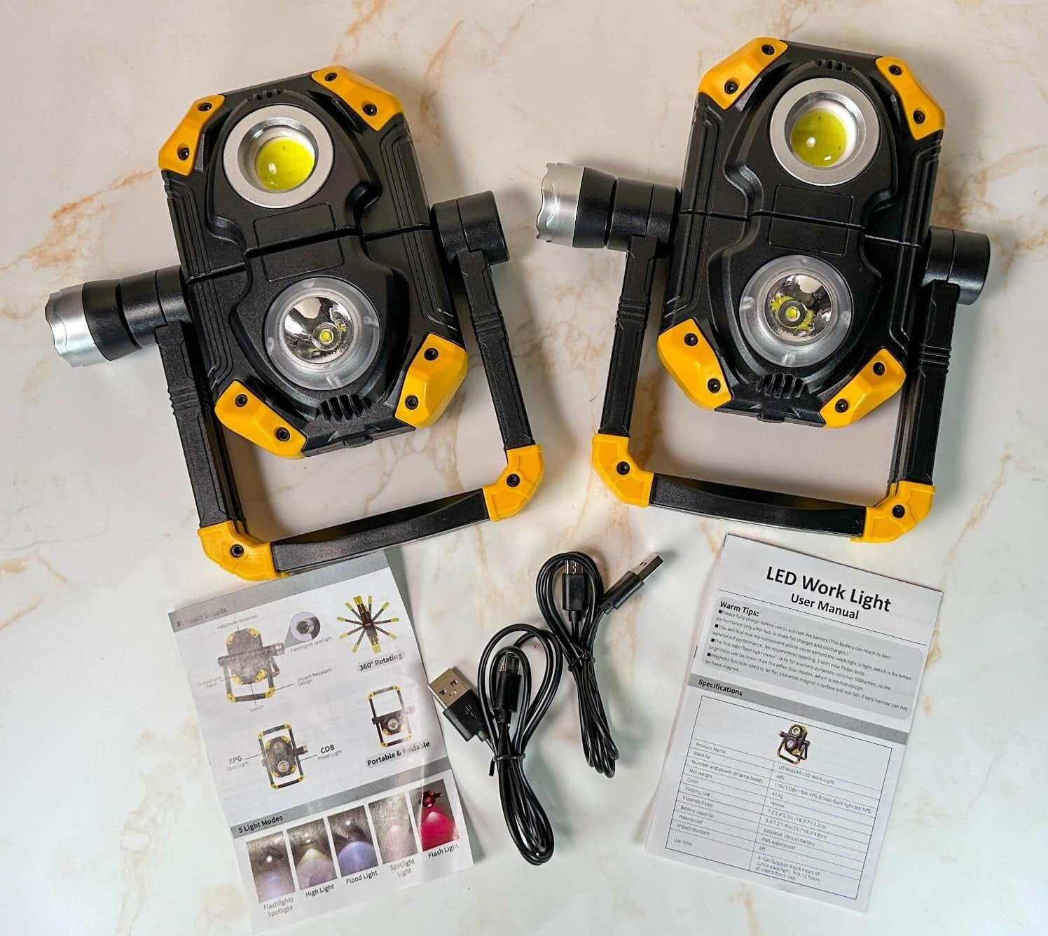 2Pk Magnetic 6000 Lumen Work Light 10Hrs Long Rotating 7000K Warm ...
