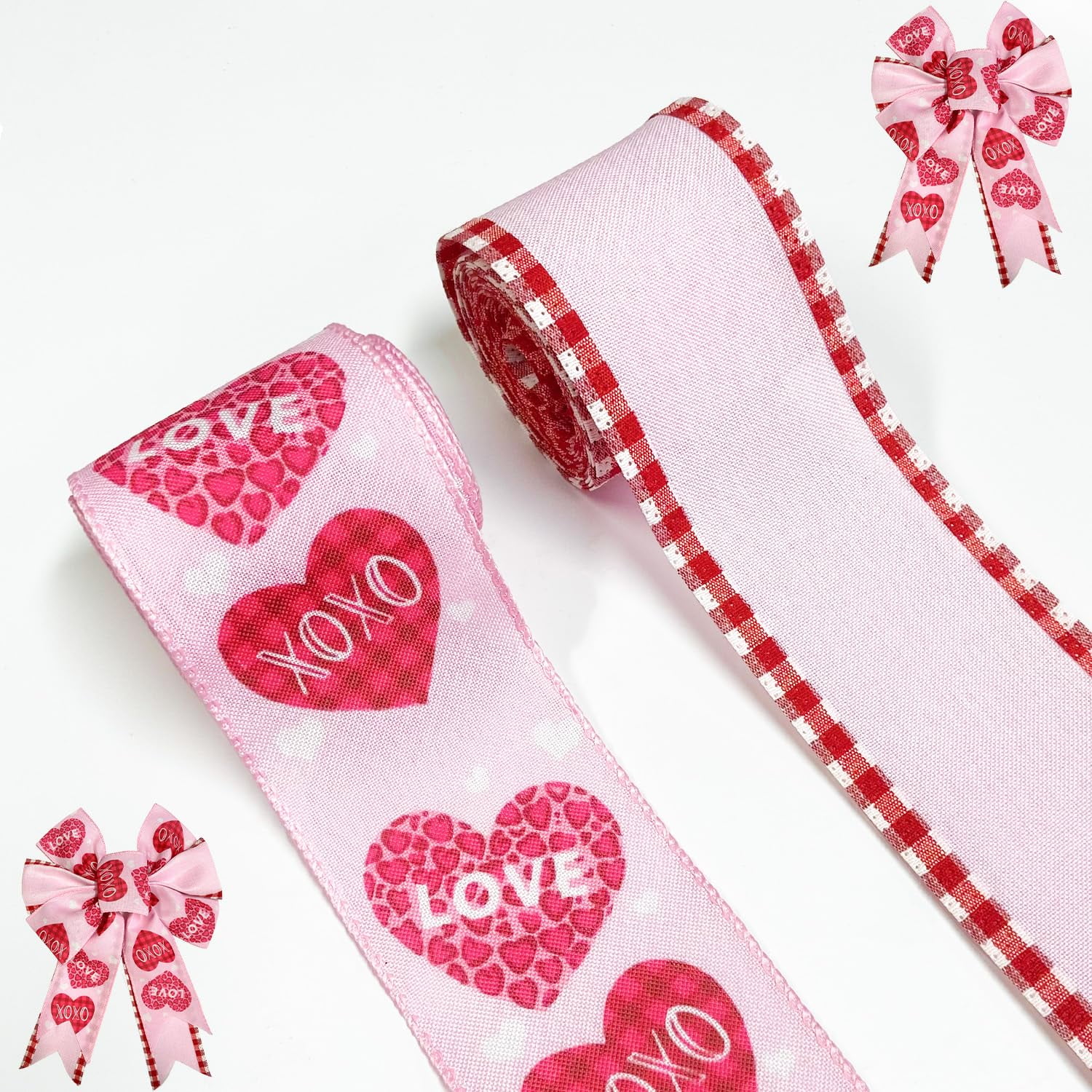 2Rolls Valentine's Day Fabric RRF12 Ribbons 5 Yards Hearts Words Plaids ...