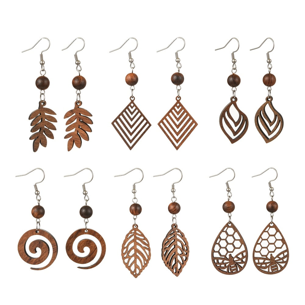 2Set 6 Pairs 6 Styles Natural Walnut Wood Dangle Earrings for Women ...