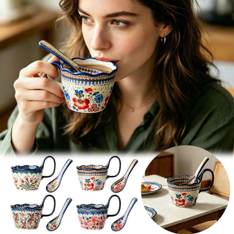 2Set Bohemian Ceramic Coffee Mug Set with Spoon Hand-Painted Polish ...