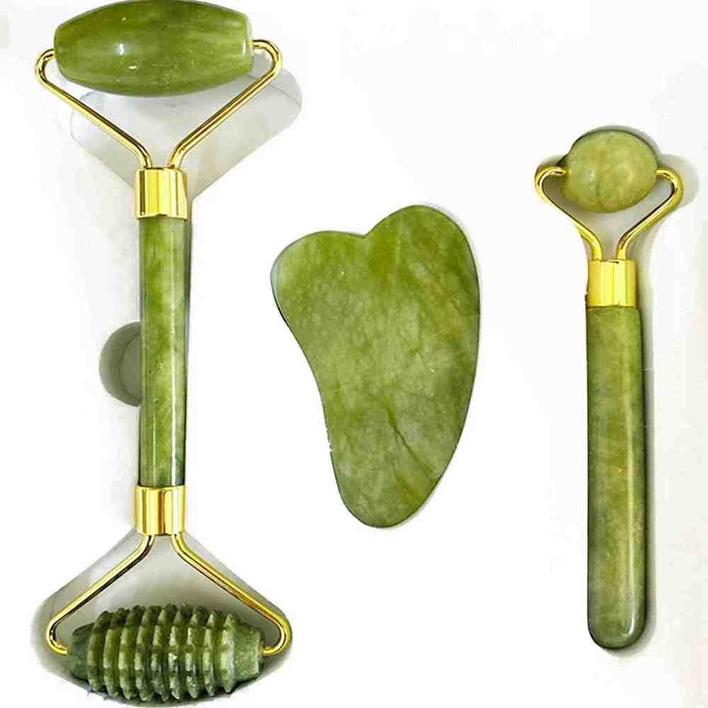2Set Natural Jade Therapy Massage Tool Kit Including Gua Sha Board & Facial Rolloer Scraping ...