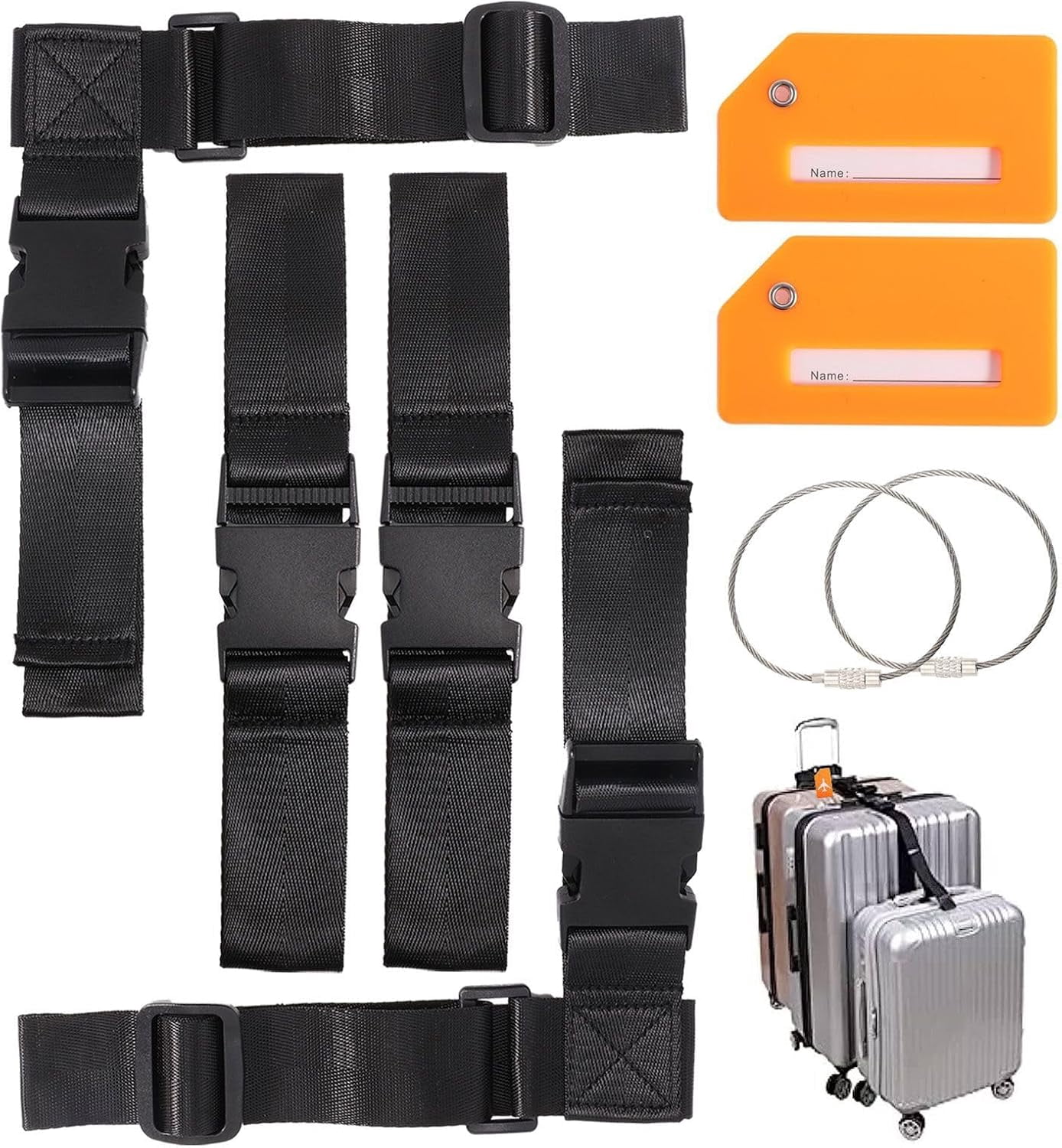 2Sets Adjustable Luggage Strap with 2Sets Silicone Luggage Tag with ...