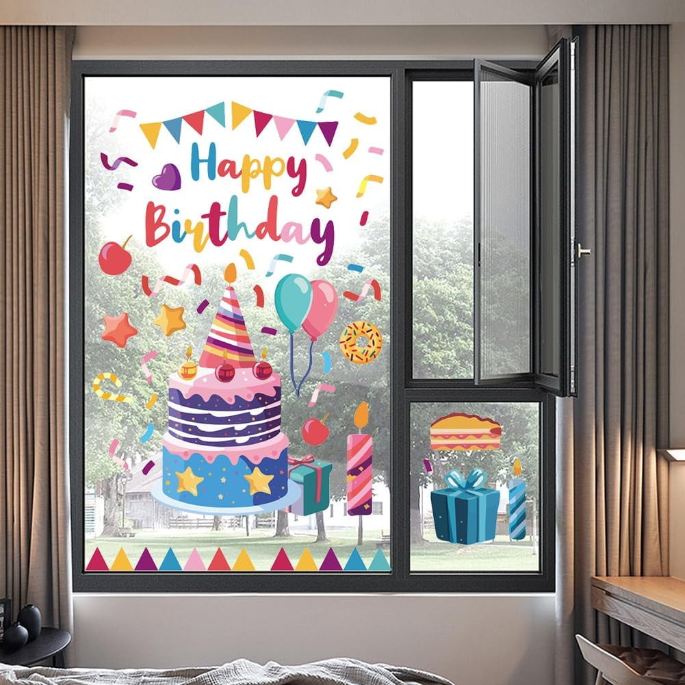2Sheets Happy Birthday Window Clings Watercolor Birthday Cake Ribbon ...