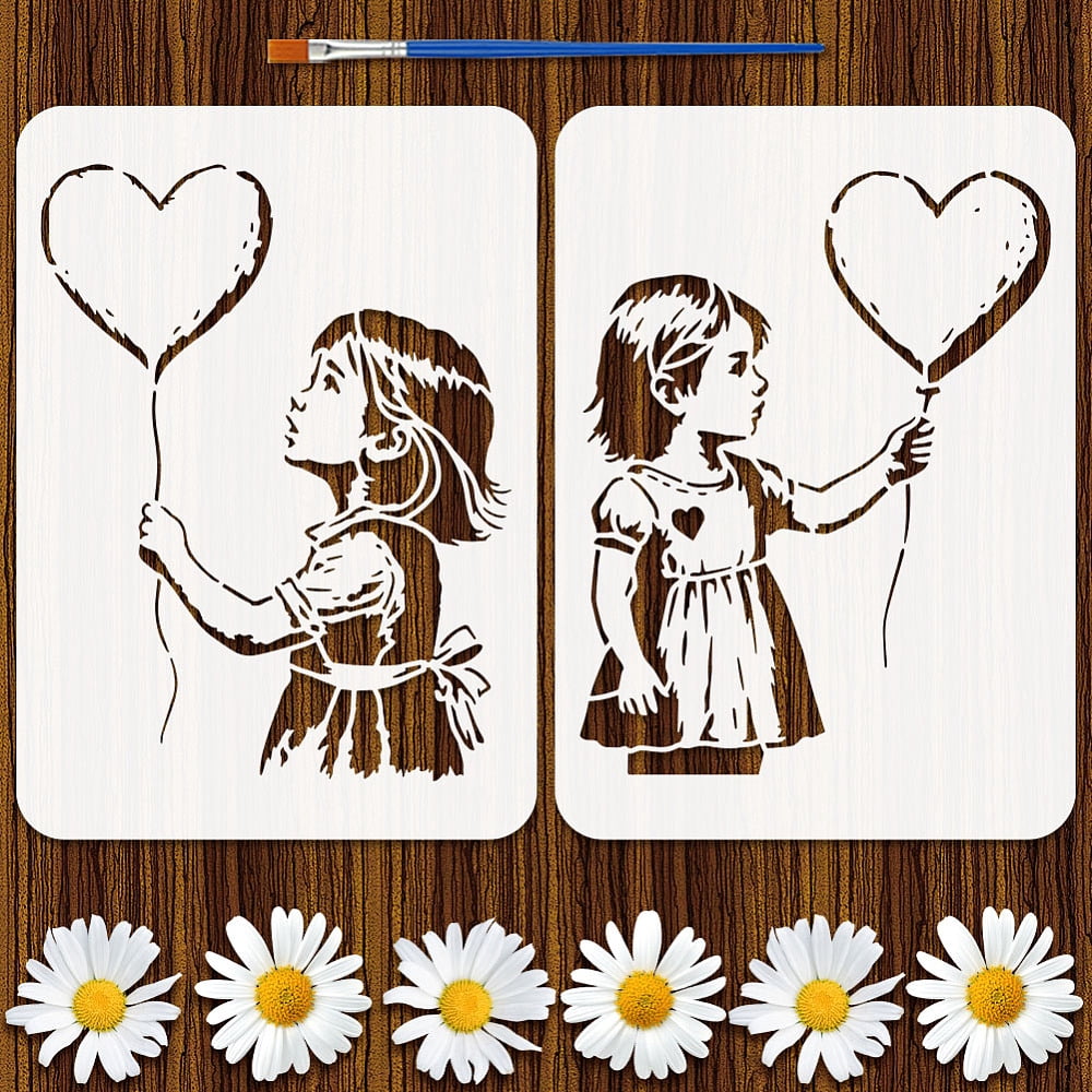 2Styles Balloon Lady Pattern Stencils with a Brush 11.7x8.3Inch Heart ...