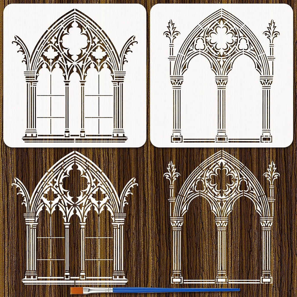 2Styles Gothic Windows Stencils with a Brush 11.8x11.8Inch Vintage Arch ...