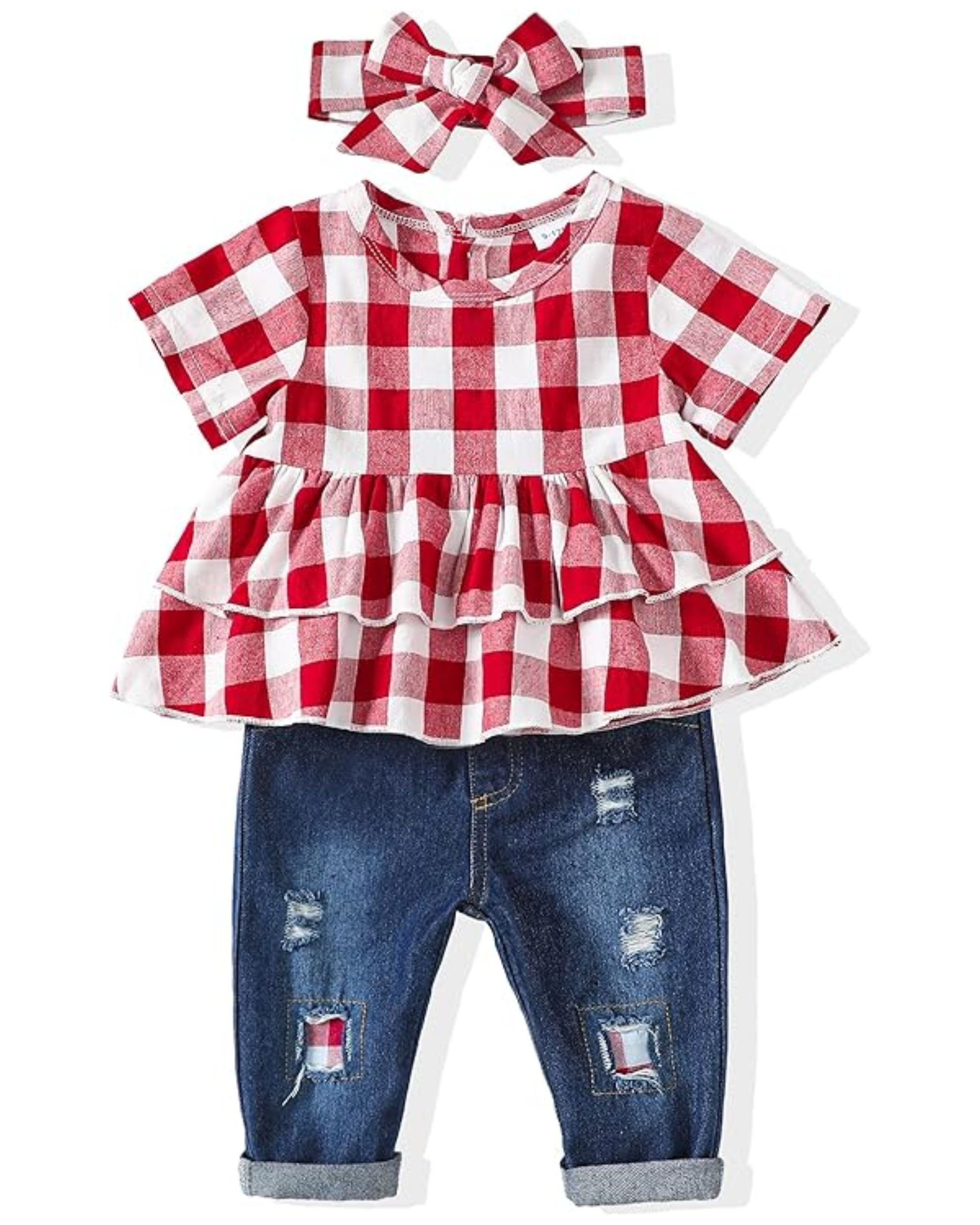 Baby Girl Summer Clothes Spring 3 Year Old Girl Clothes Red Plaid Short Sleeve Denim Pants ...