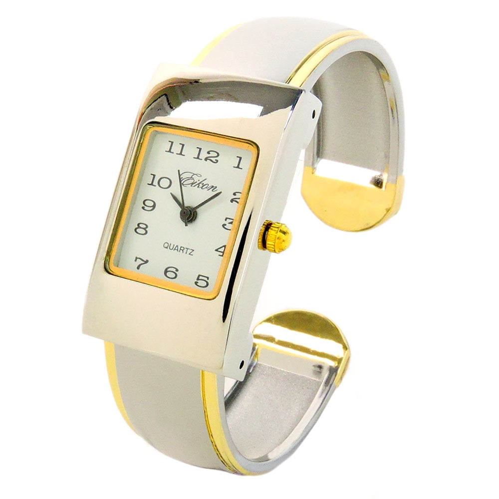 2Tone Small Size Rectangle Case Easy to Read Women's Bangle Cuff Watch ...