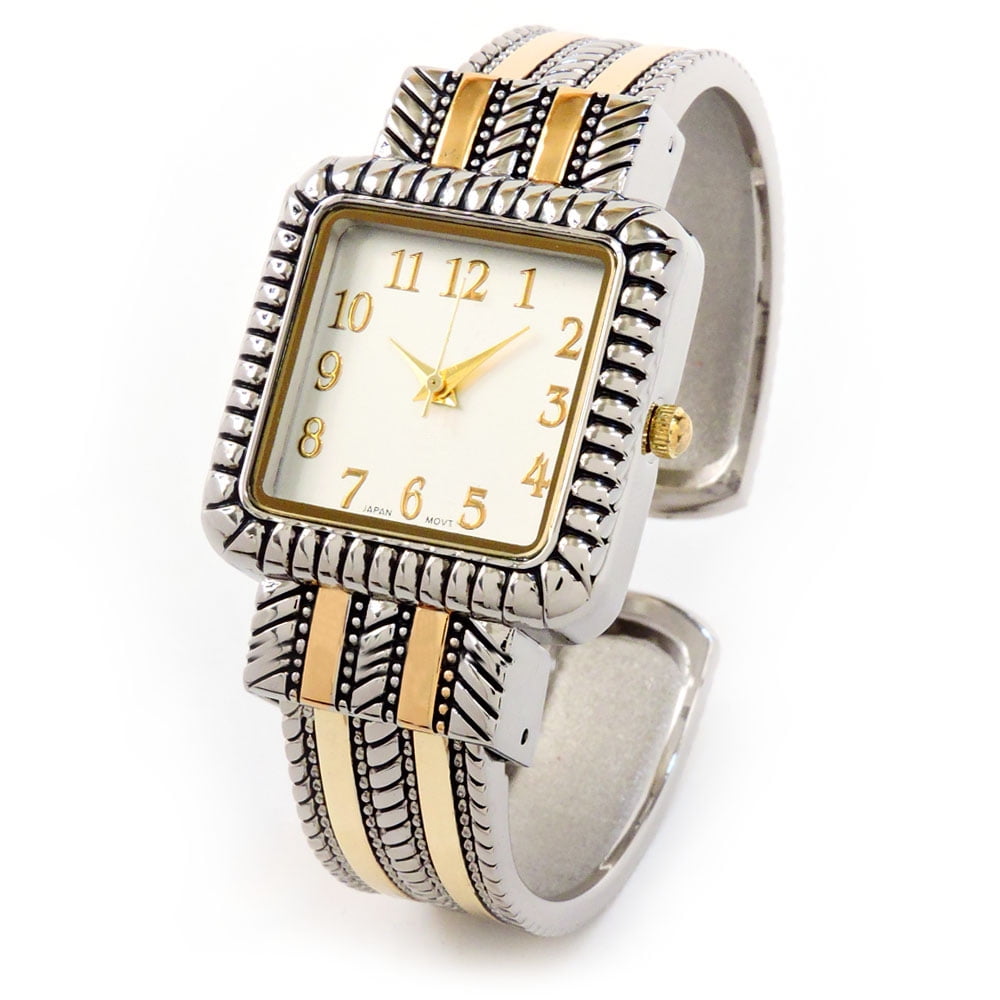 2Tone Western Style Decorated Square Face Women's Bangle Cuff Watch ...