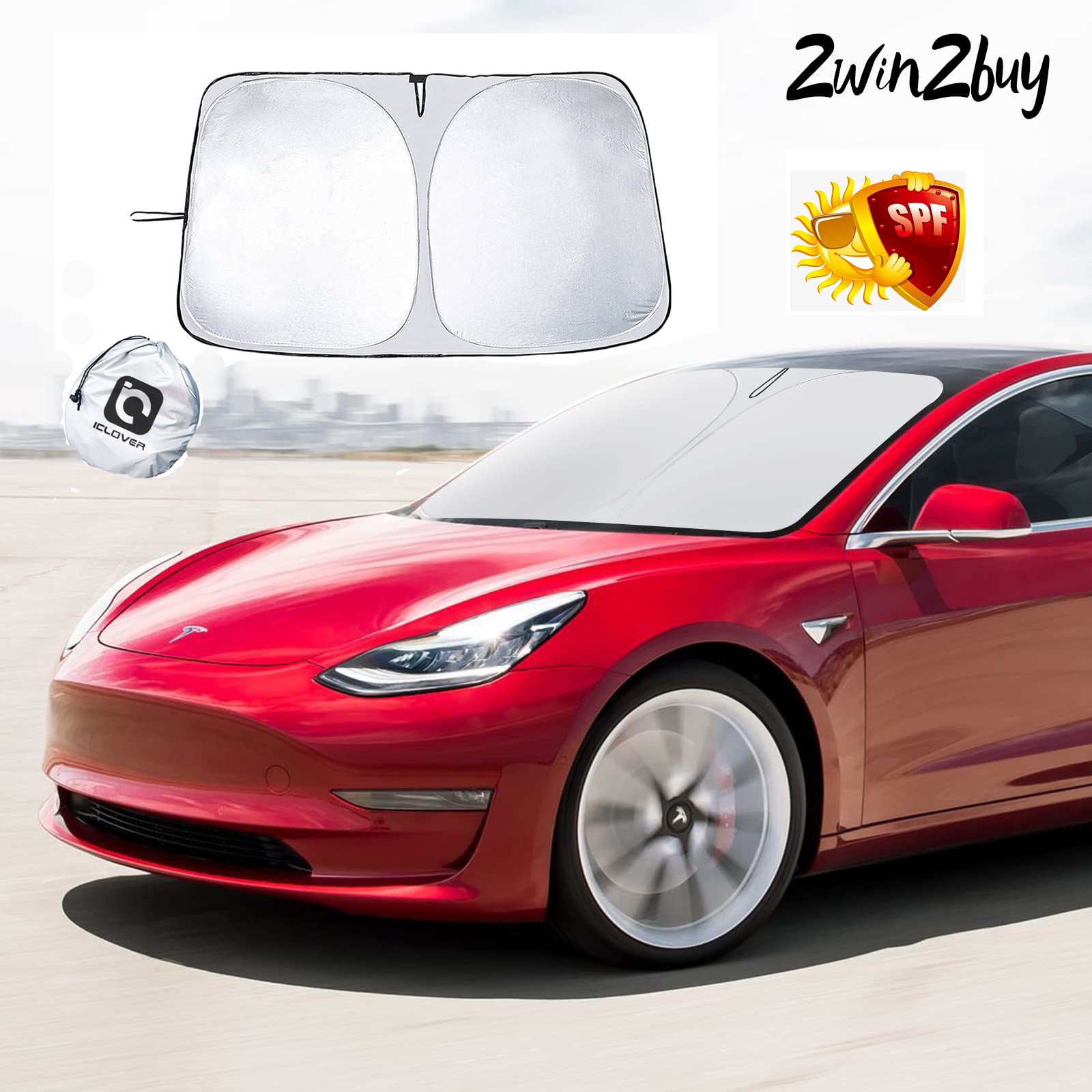 2WIN2BUY Tesla Windshield Sunshade for Model 3, 240T Polyester Shield ...