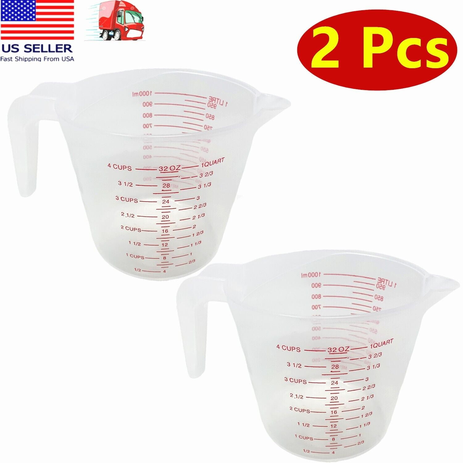2X 1 Liter (32oz) Clear Plastic Measuring Cup milliliter, liter, oz ...