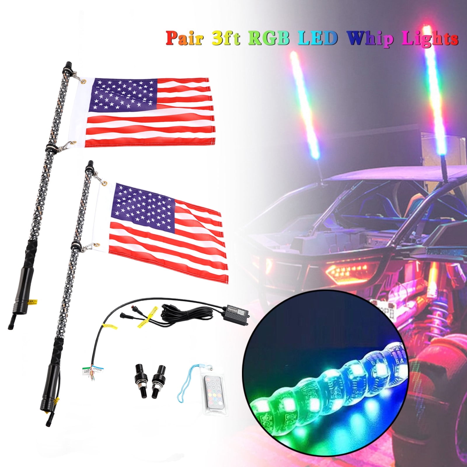 2X 3ft RGB LED Whip Lights Antenna W/ Flag Remote Control For Polaris ...