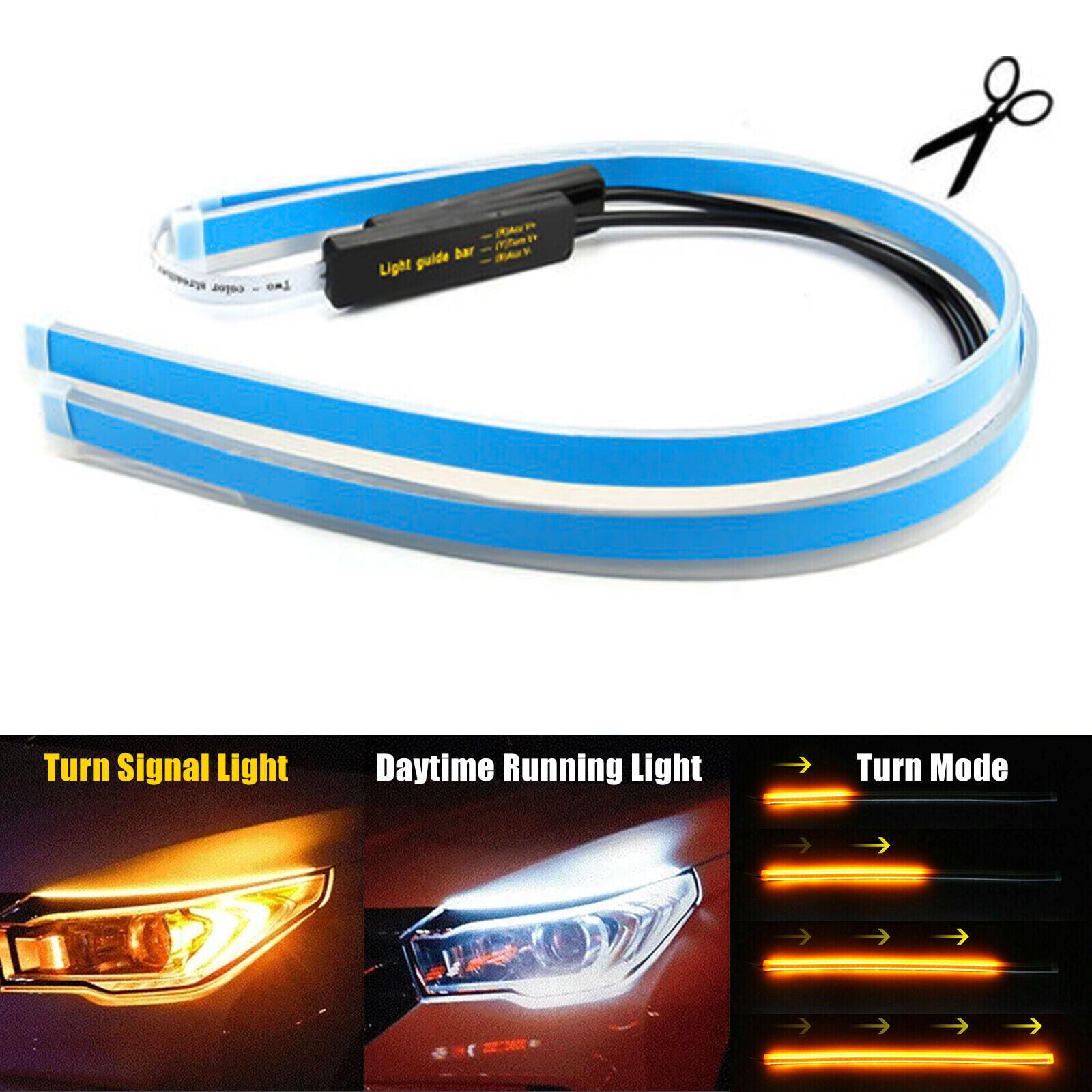 2X 60cm Flexible Slim LED DRL Strip Light Amber Sequential Turn Signal ...