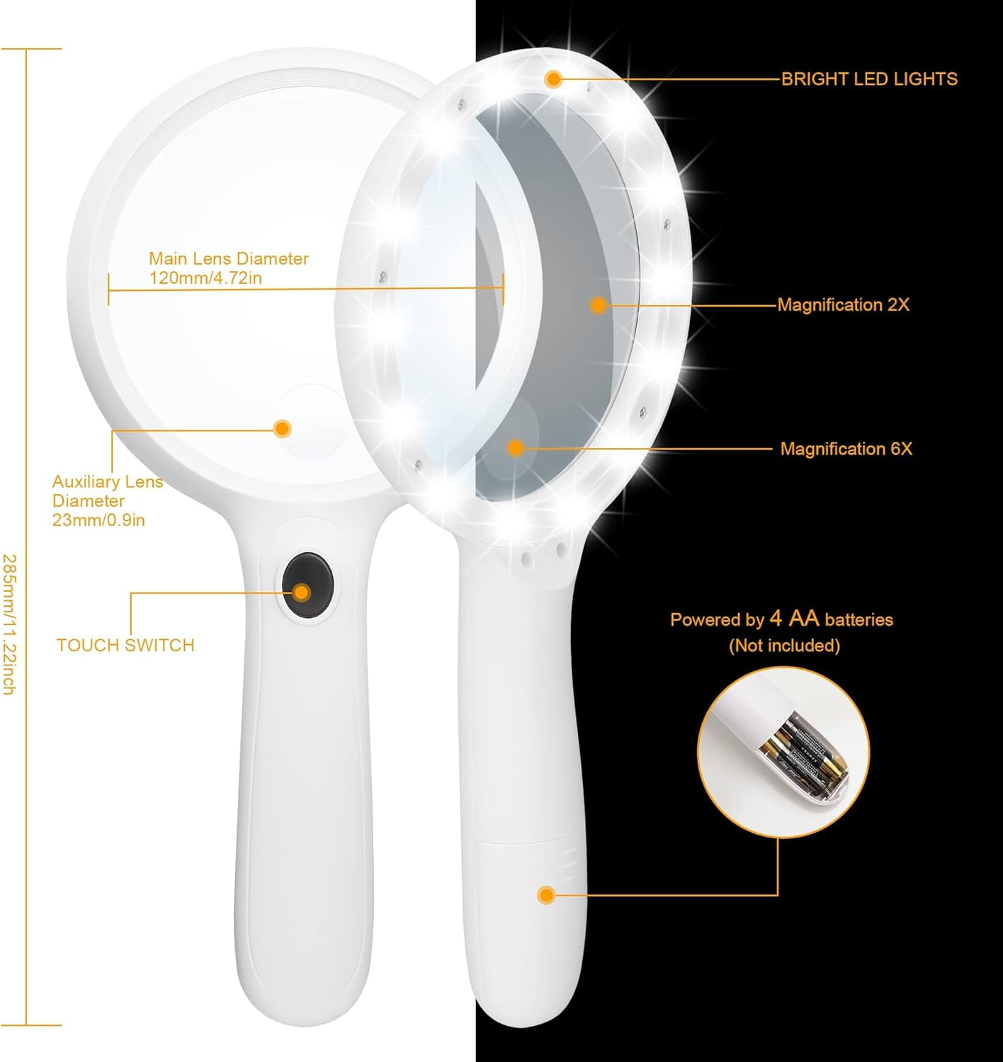 2X 6X Magnifying Glass with Light, 4.7inch Extra Large Magnifier with 14Led Lights for Seniors ...