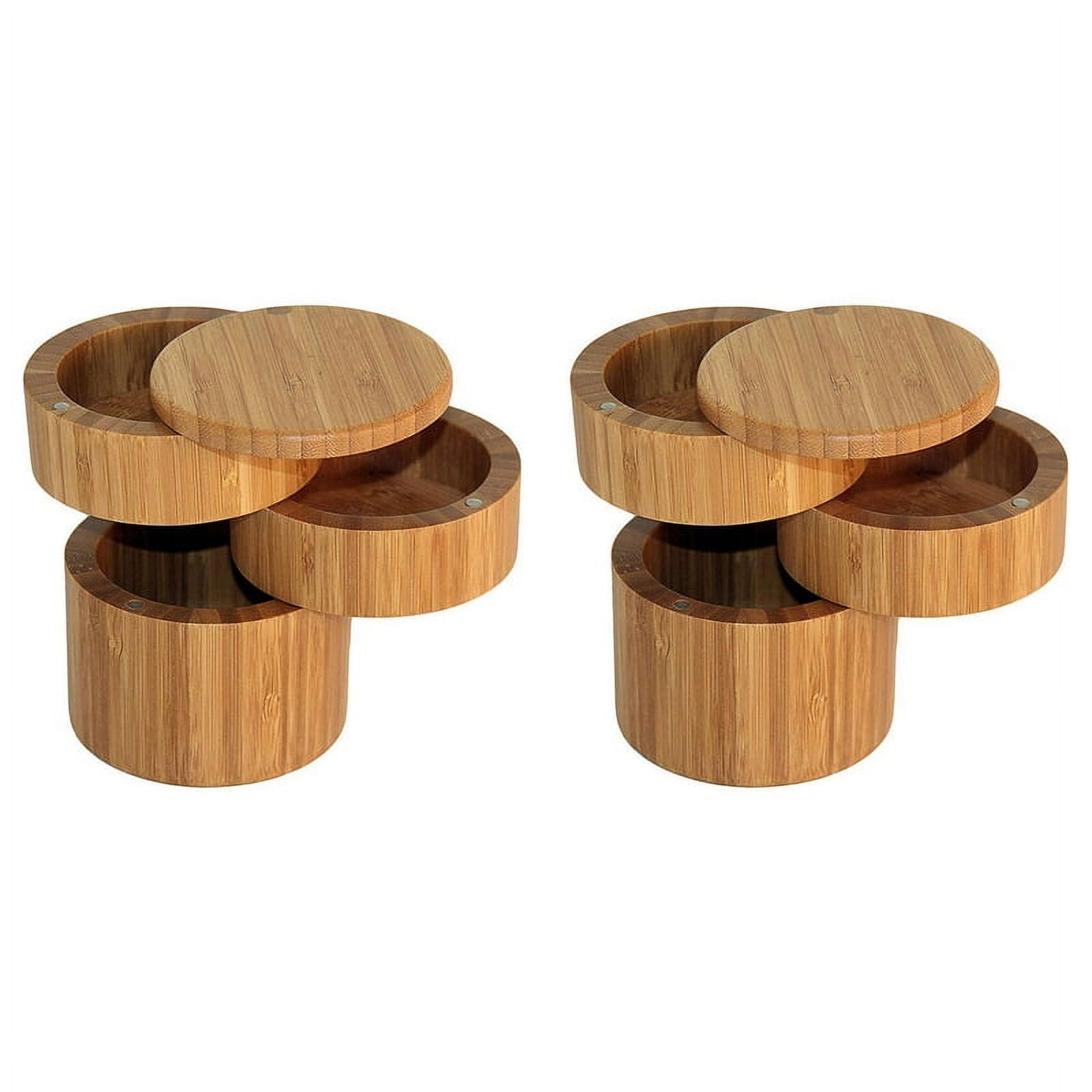 2X Bamboo Triple Salt Box,Wood Box,3-Tier Round Bamboo Box for Salt or ...