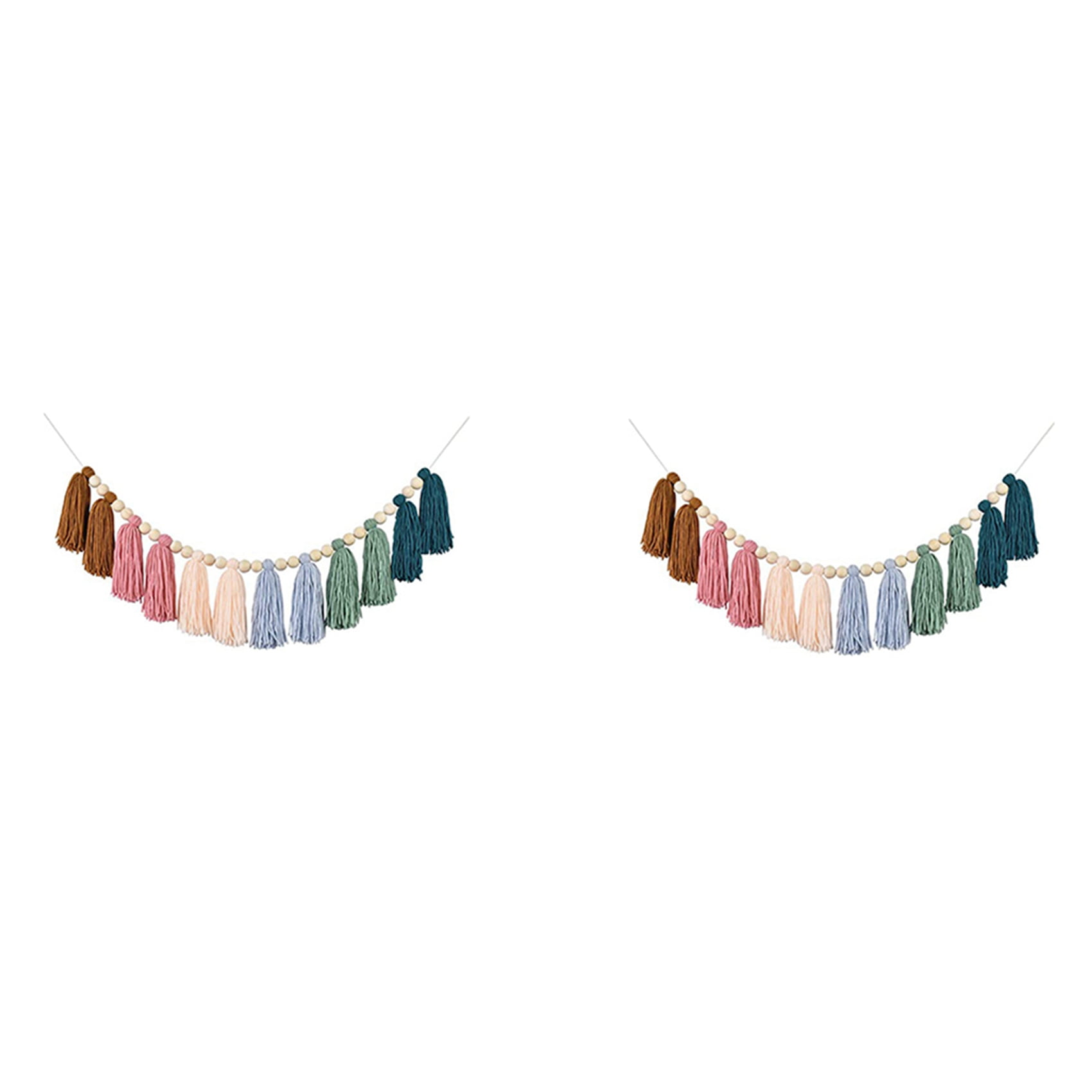 2X Boho Tassel Garland with Wood Bead Earth Toned Rainbow Garland for ...