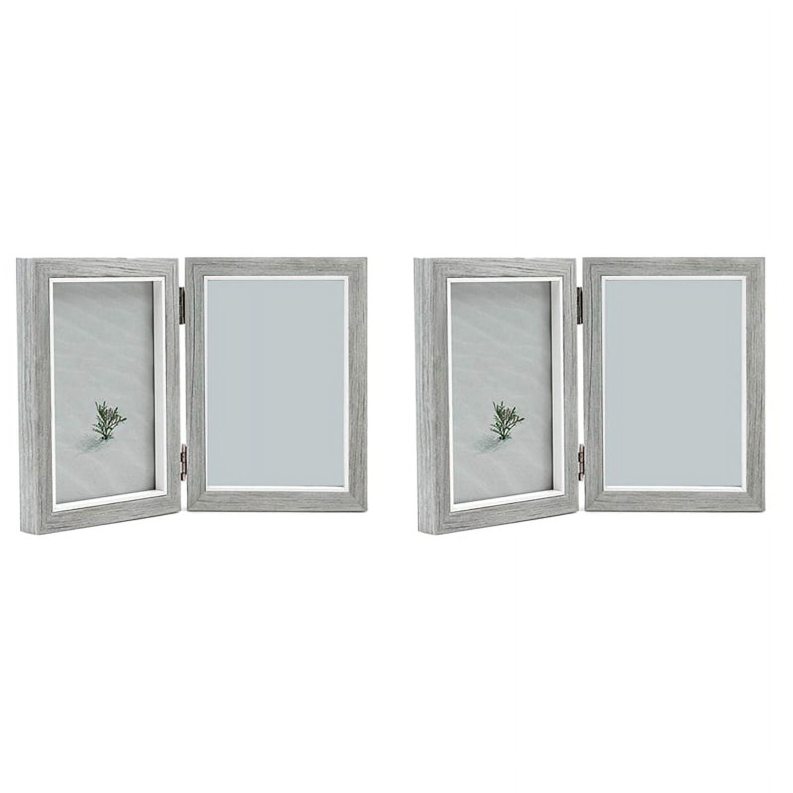 2X Double Picture Frame 4X6in Rustic Grey Photo Frames Wooden Hinged ...