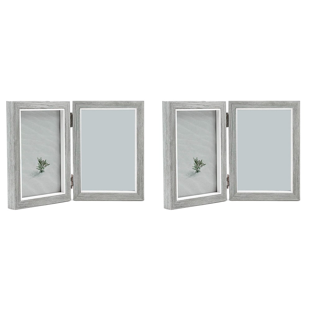 2X Double Picture Frame 4X6in Rustic Grey Photo Frames Wooden Hinged ...