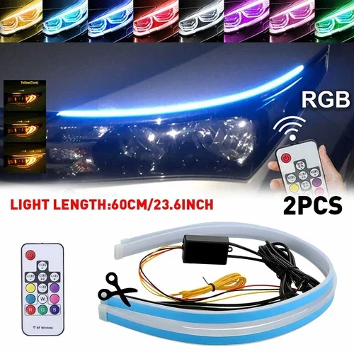 2X Flexible Rgb Sequential Led Drl Turn Signal Strips Light Bar Remote ...
