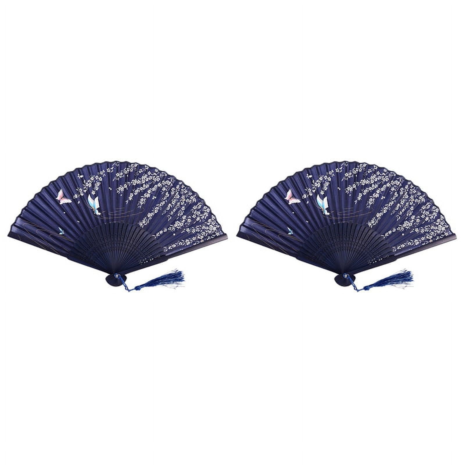 2X Folding Bamboo Lace Hand Fan, Dark Blue Butterfly and White Flower ...