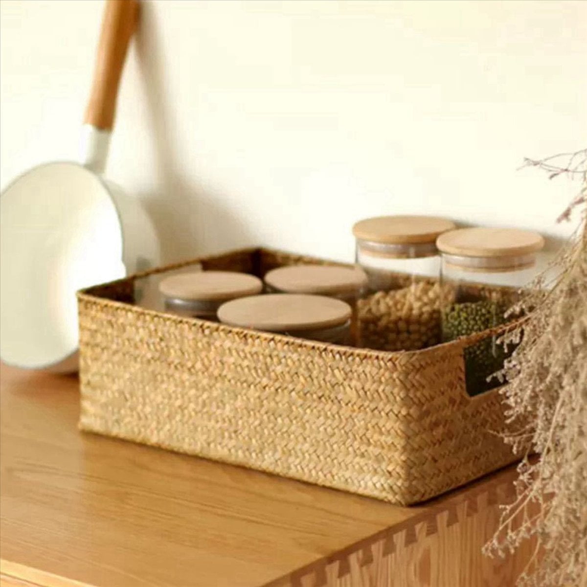 2X Hand-Woven Rectangular Rattan Wicker Storage Basket Fruit Tea Snack ...