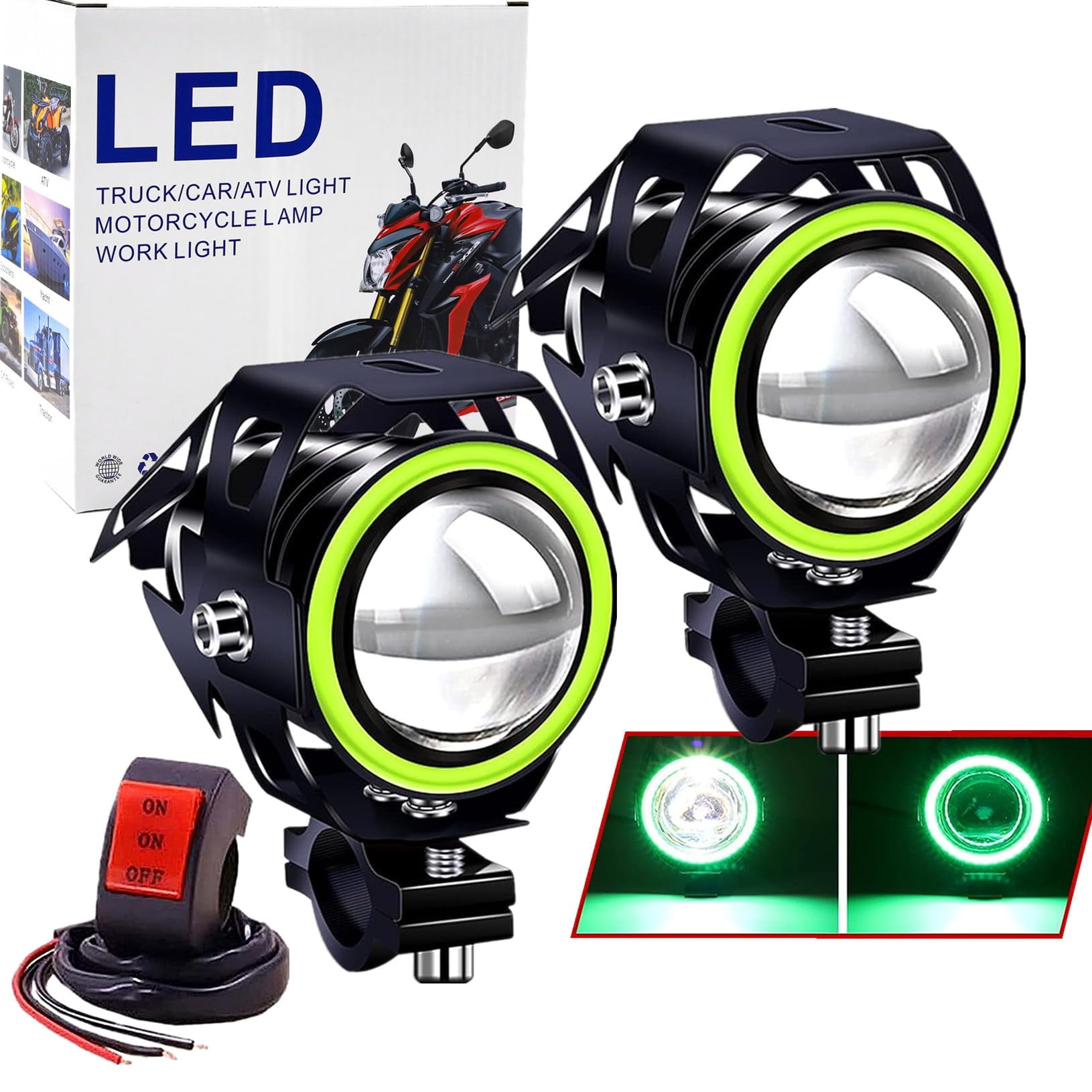 2X Motorcycle SpotLight with SSF20 Switch, 12V/24V Bicycle Halo Ring ...