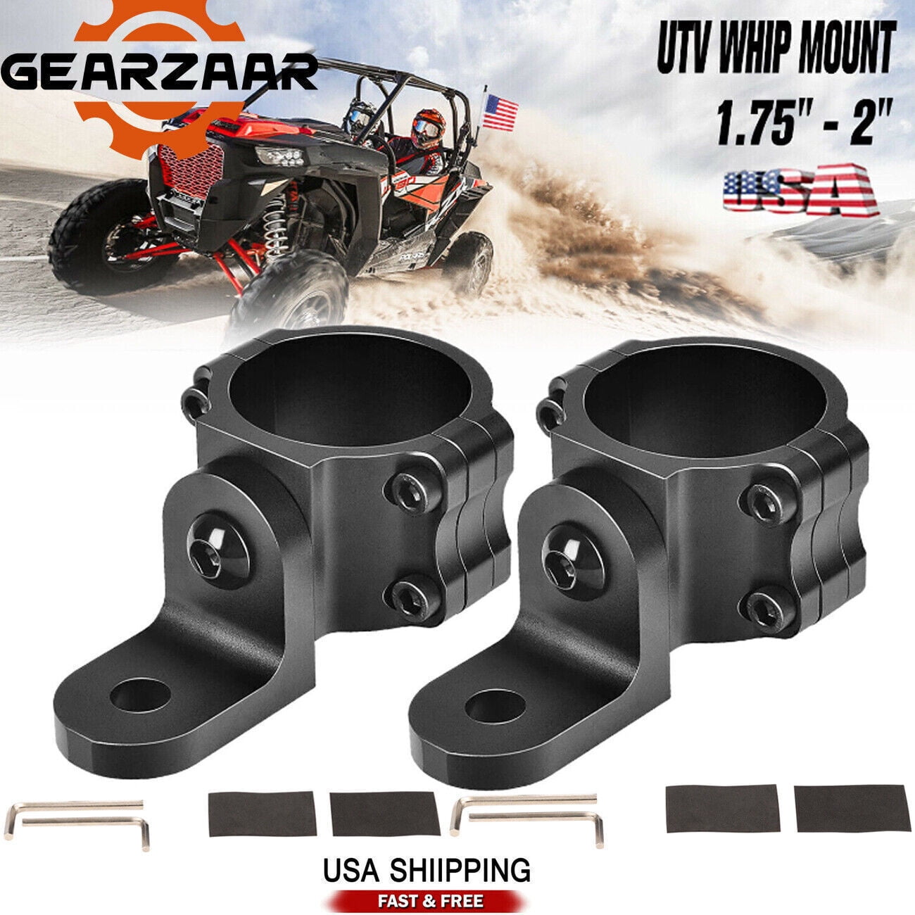 2X Mount Brackets For UTV ATV RZR 4WD LED Whip Light Bar 1.75" to 2 ...