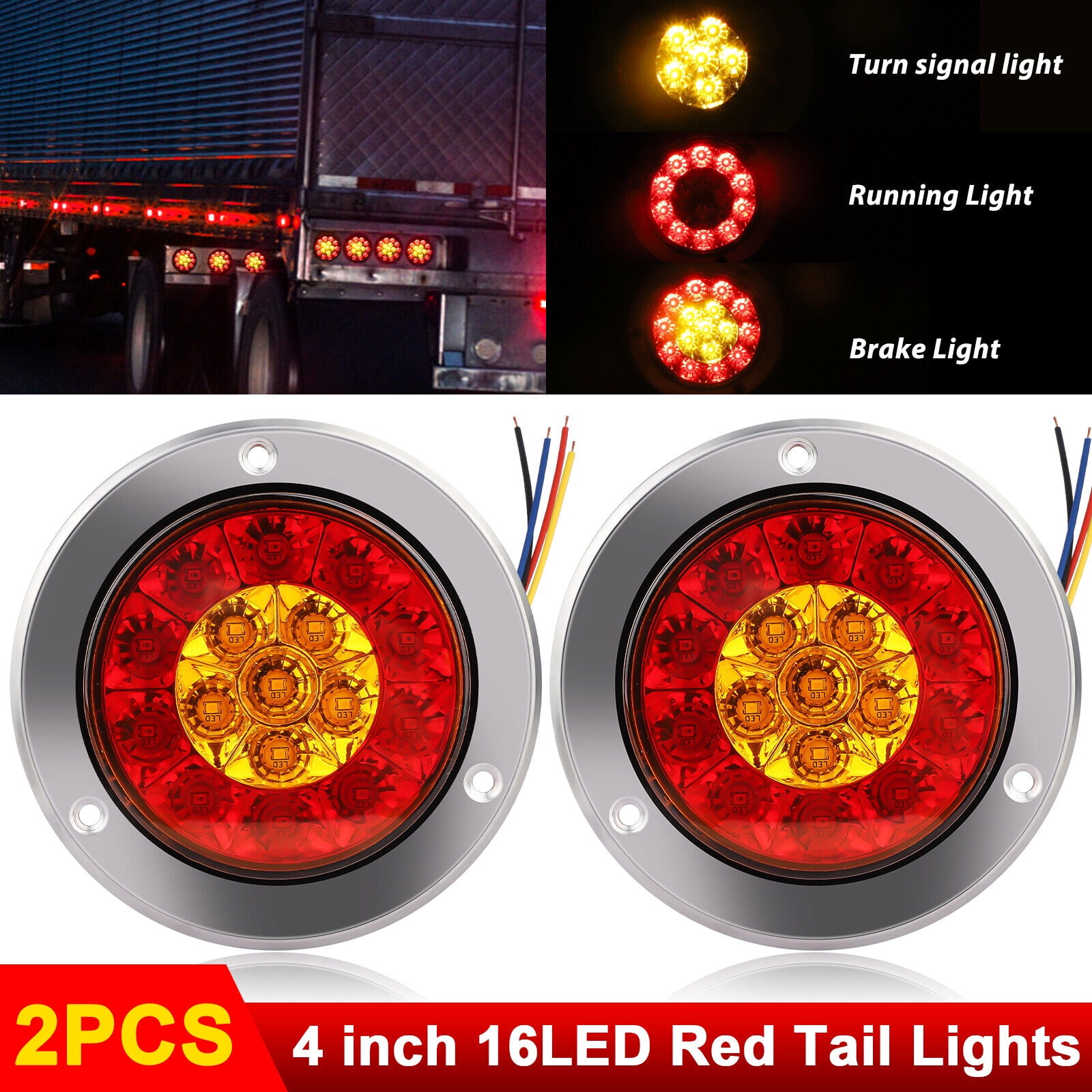 2X Red/Amber 16 LED 4" Round Truck Led Light Trailer RV Stop Brake Turn ...