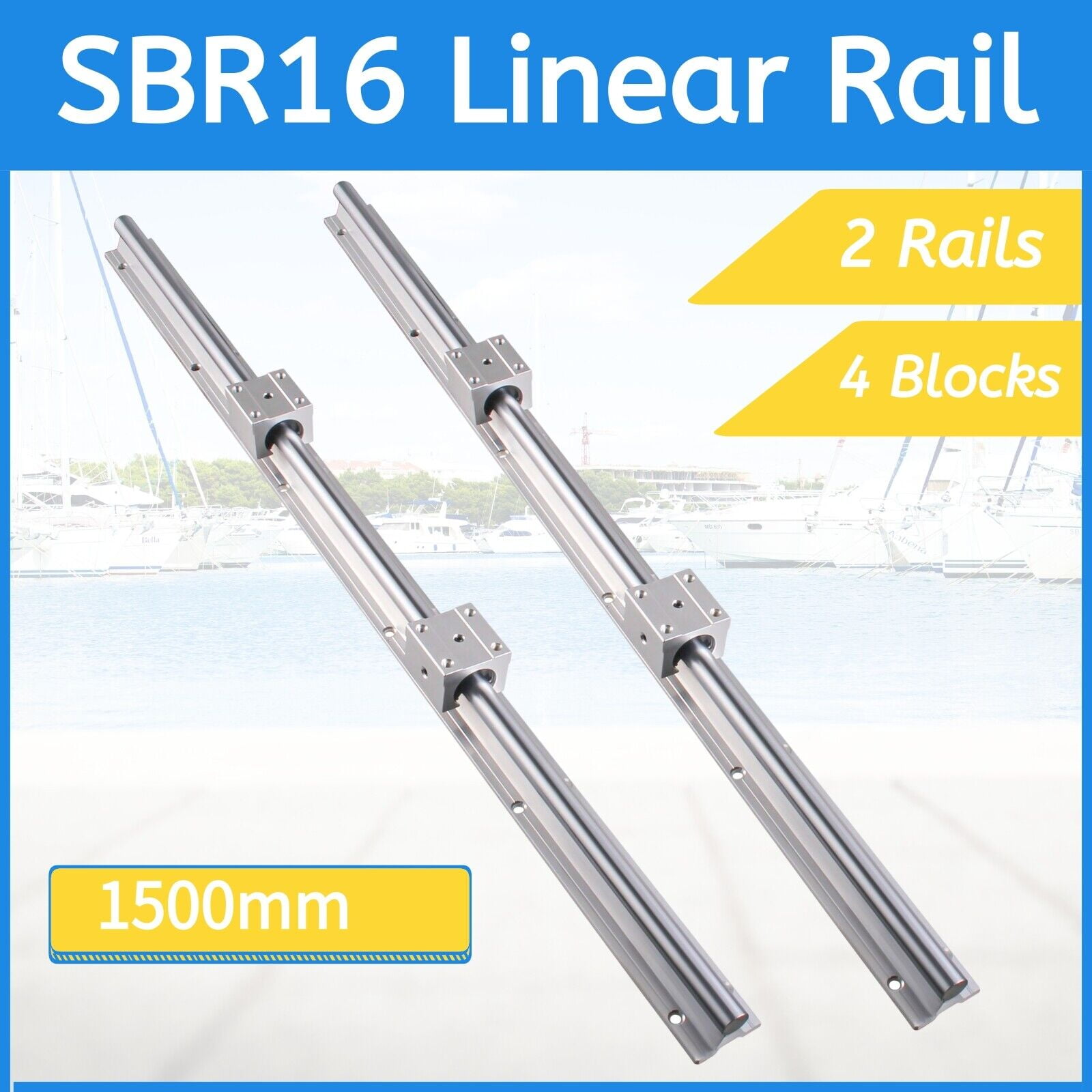 2X SBR16-1500mm LINEAR SLIDE RAIL GUIDE + 4 SBR16UU BLOCK BEARING SHAFT ...
